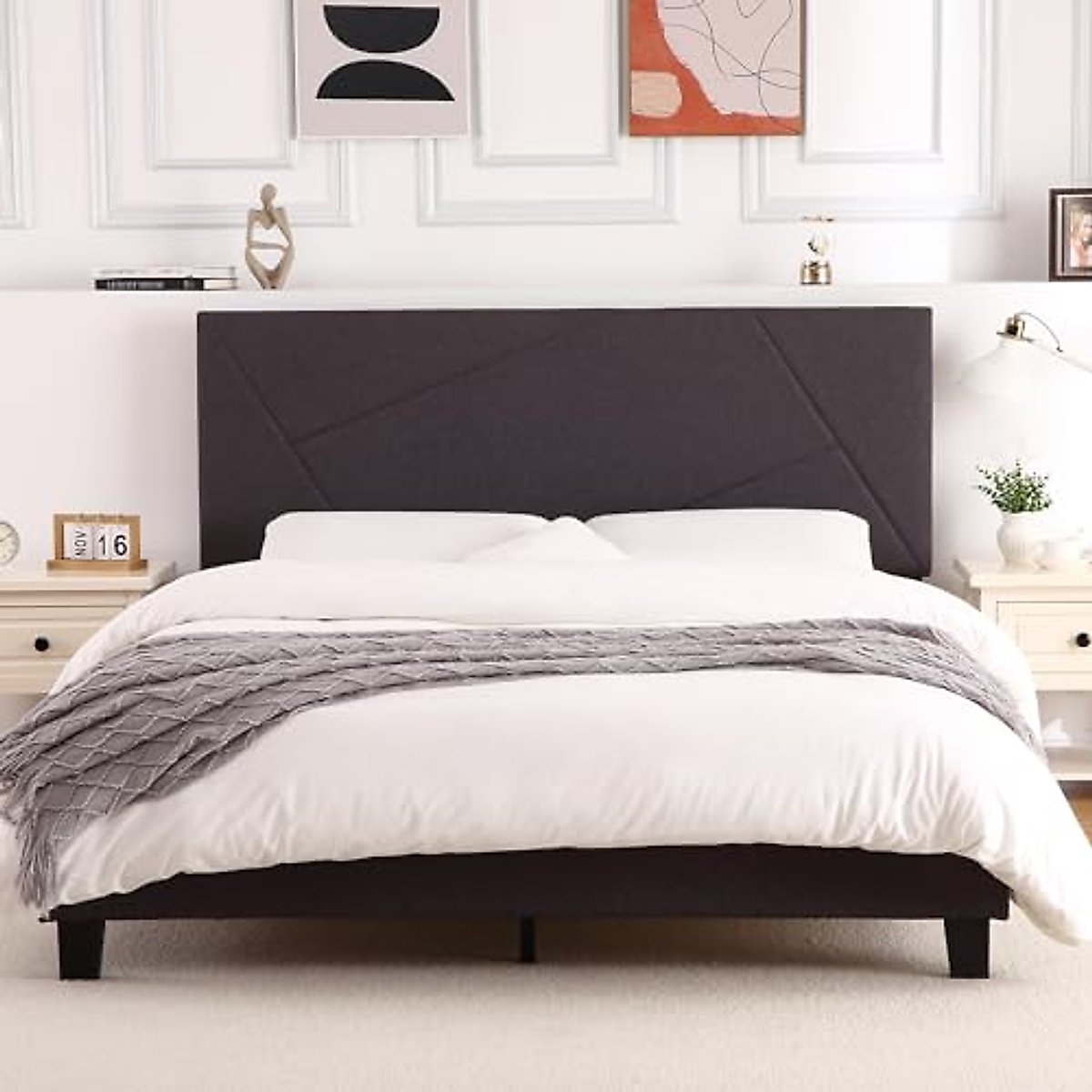 Queen Size Bed Frame with Adjustable Upholstered Headboard, Platform Bed Frame with Linen Fabric Wrapped,No Box Spring Needed, Fully Upholstered Mattress Foundation, Easy Assembly, Dark Grey