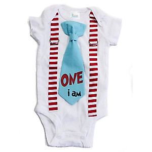 Cuddle Sleep Dream Baby Boy 1st Birthday Outfit Cake Smash Bodysuit With Tie and Suspenders Birthday Shirt (18 Month, One I Am)