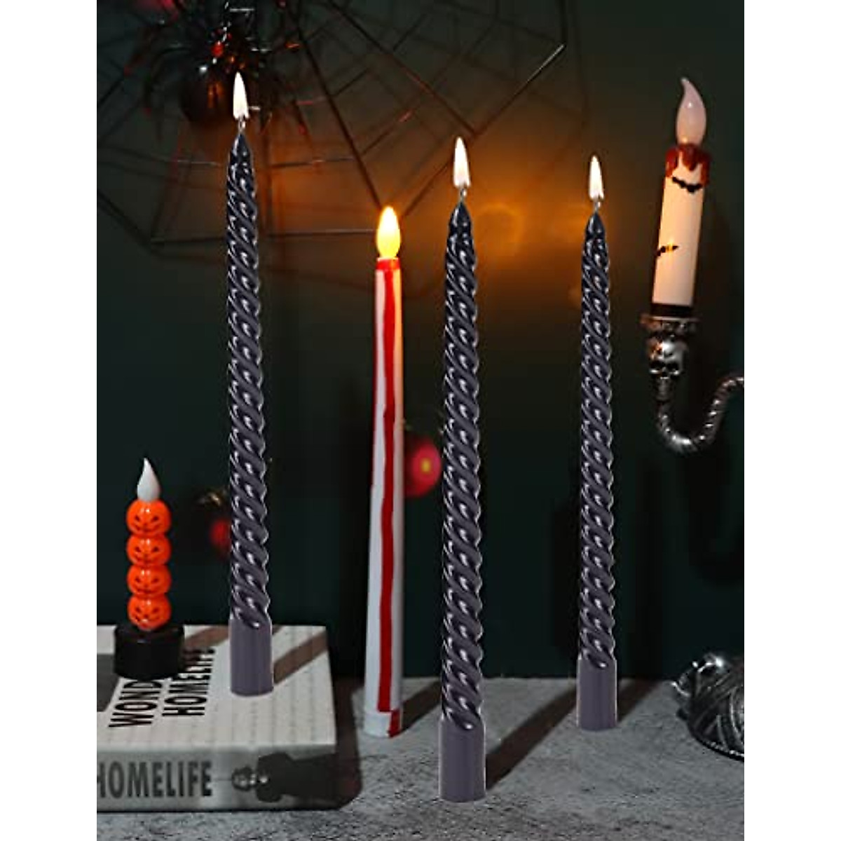 10 inch Spiral Black Taper Candles Set of 4,Elegant Glossy Metal Style Candle Sticks,Scenless,Dripless Taper Candles for Christmas Decor,Dinner,Party