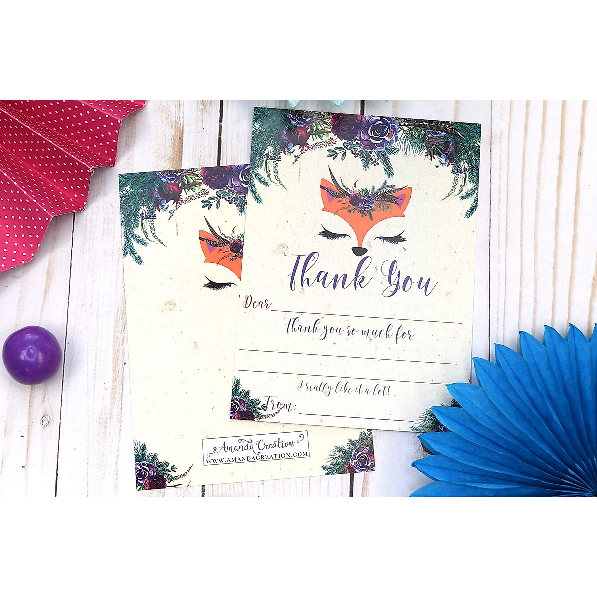 Woodland Forest Fox Face Floral Thank You Notes, Ten 4" x 5.5" Fill In The Blank Cards with 10 White Envelopes by AmandaCreation
