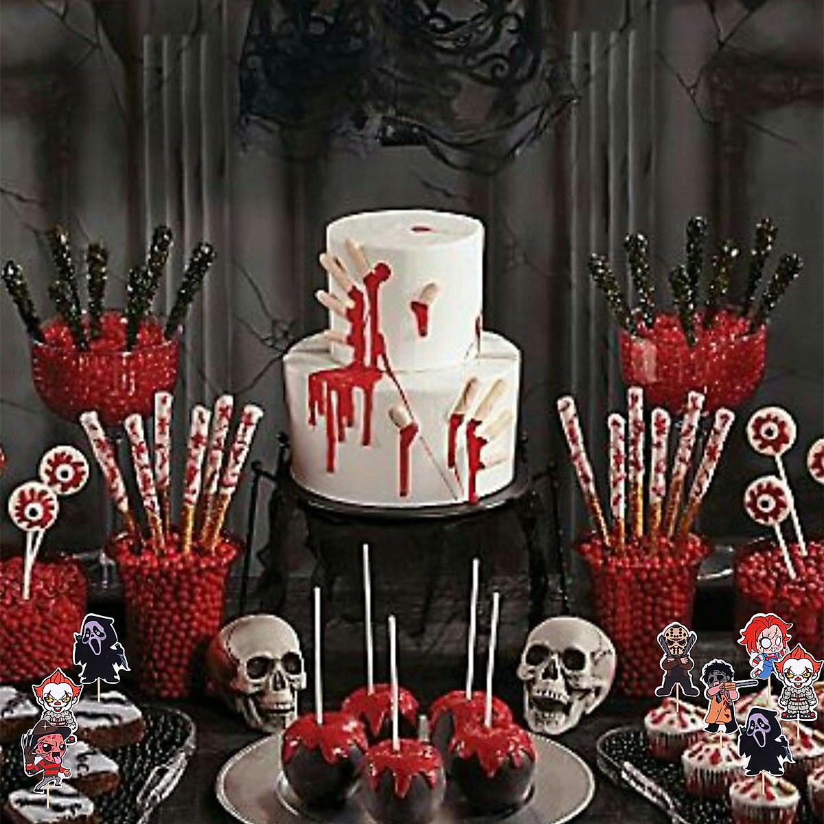 36 PCS Horror Classic Movie Cupcake Toppers Horror Movie Characters Cupcake Food Picks Decorations for Halloween Horror Movie Theme Baby Shower Killer Birthday Cake Decorations Supplies