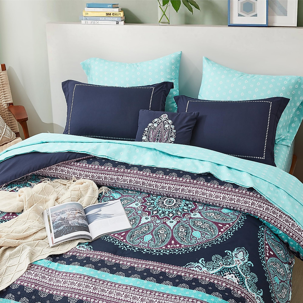 Degrees of Comfort Blue Twin XL Complete Comforter Sets, Boho Mandala Bed in A Bag,Microfiber Bedding Set with Side Pockets, Matching Decorative Pillow, 6 Piece Navy