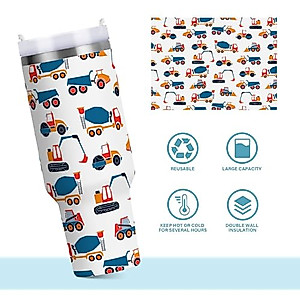 ARGTILDN 40 oz Tumbler Bulldozer Excavator Crane Tractor Insulated Travel Mug with Handle and Straw Lid Stainless Steel Vacuum Coffee Cup Tea Beverage Container Water Bottles for Car Sports office