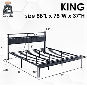 AMERLIFE King Size Platform Bed Frame, LED Bed Frame with PU Leather & Charging Station, 2-Tier Storage Headboard/No Box Spring Needed/Noise Free, Black