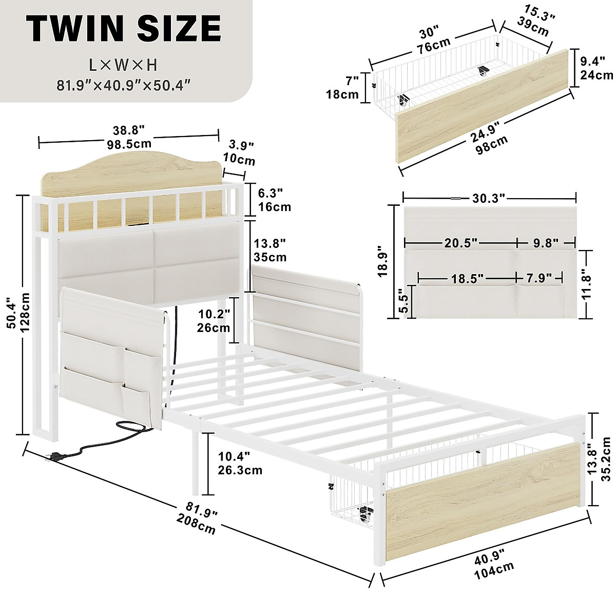 LIKIMIO Twin Bed Frame with Guardrail & Bedside Caddy, Multifunctional Headboard with Charging Station, Durable Metal Platform Bed, Noise-Free, No Box Spring Needed, White