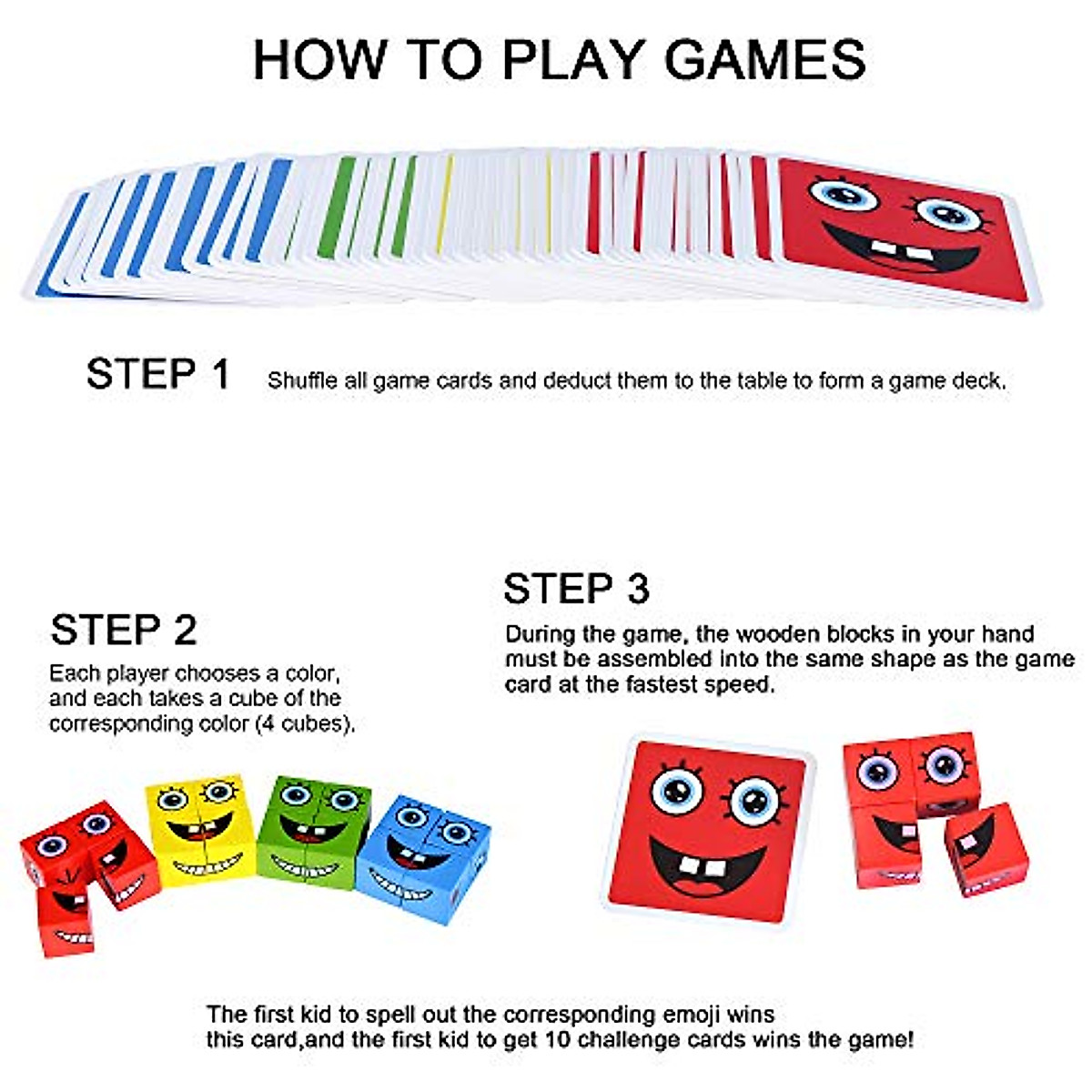 ERUGI Wooden Expressions Matching Block Puzzle Educational Games Montessori STEM Toy for Kids Preschool Ages 3 Years and Up,Face-Changing Cube Building Blocks (16 Blocks, 64 Cards)