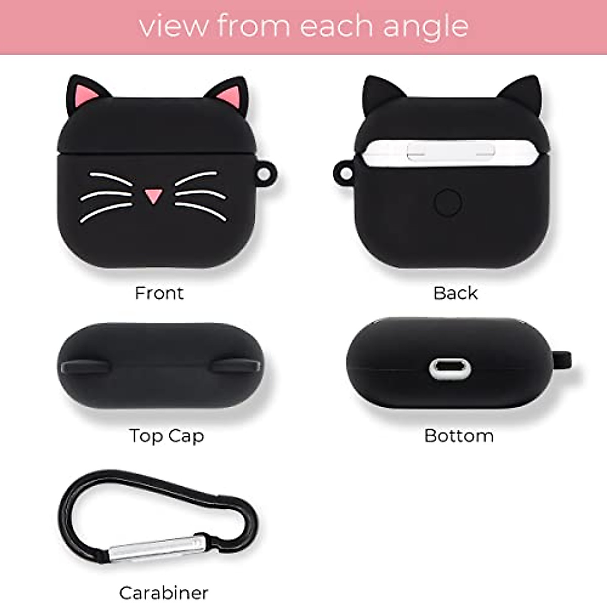 Mouzor Cute AirPods 3 Case (2021), Black Whisker Cat AirPods 3rd Generation (2021) Case Funny 3D Cartoon Animal Shockproof Soft Silicone Charging Case Cover with Carabiner for Kids Girls Boys Women