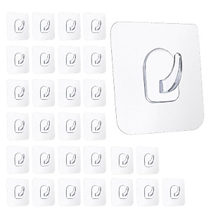 Gjinxi 30PCs Clear Adhesive Wall Hooks for Hanging, Transparent Sticky Hooks for Wall No Damage, Acrylic Self Adhesive Utility Hooks Siding Heavy Duty Hook for Kitchen Bathroom Shower Bedroom Office