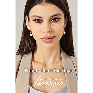 Awinesn Pearl Earrings for Women 14K Gold Plated Pearl Dangle Earrings Dainty 5A Cubic Zirconia Pearl Drop Earring With 925 Sterling Silver Post Jewelry for Bridal Bridesmaid