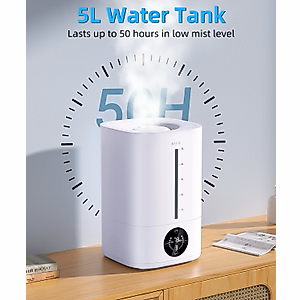 5L Humidifiers for Bedroom, 50H Runtime Humidifier for Large Room, Ultra-Quiet 28dB Cool Mist Air Humidifier for Home Baby Nursery & Plants, Auto Shut-off and BPA-Free for Safety, Easy to Clean