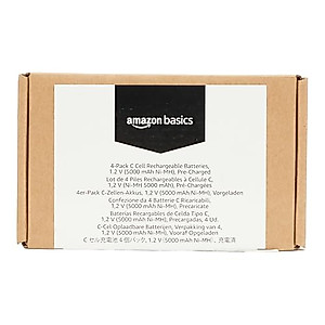 Amazon Basics 4-Pack Rechargeable C Cell NiMH Batteries, 5000 mAh, Recharge up to 1000x Times, Pre-Charged