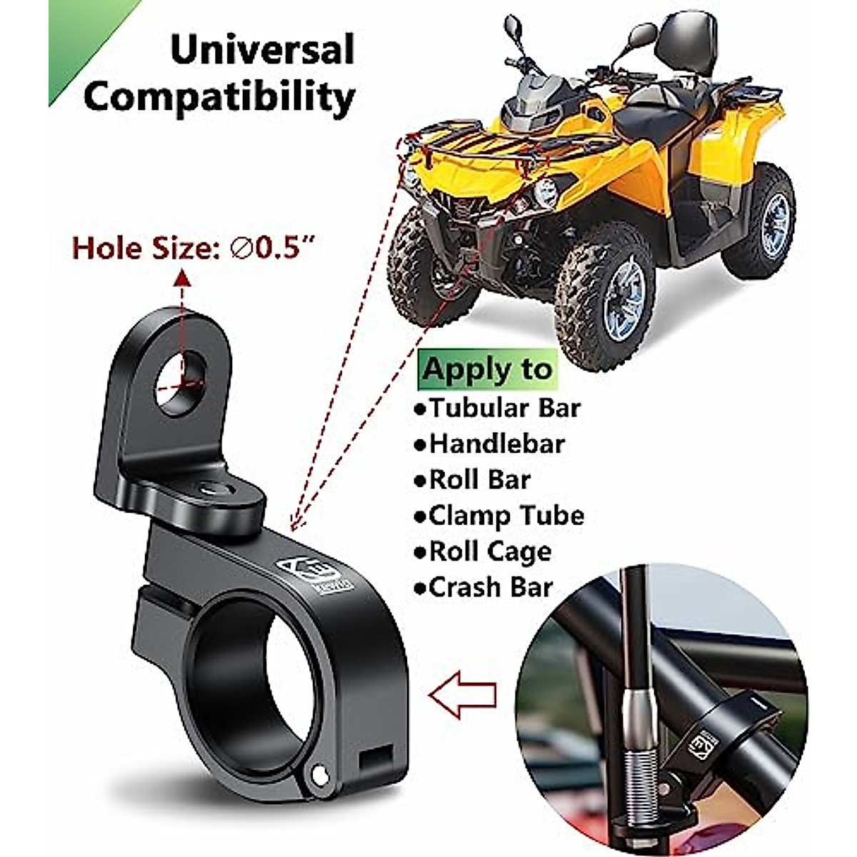 ATV Whip Light Mount, Sturdy Aluminum Alloy Whip Flag Mount, 360° Rotating Adjustable Light Bar Mount for ATV Motorcycle 0.75"/0.875"/1"/1.125"/1.26"/1.375" Tubular Bars and Handlebars (1 pc Black)