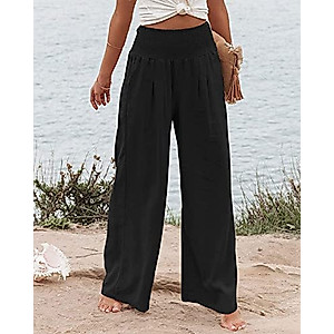 ERTUPE Women's Linen Palazzo Pants Boho Wide Leg High Waist Lounge Pant Elastic Casual Loose Solid Trousers with Pockets A-Black