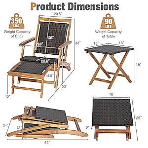 HAPPYGRILL Patio Lounge Chair Set of 3, Outdoor Acacia Wood Rattan Wicker Chaise Lounge w/Side Table, Deck Chair w/Armrest & Retractable Ottoman, for Backyard, Poolside