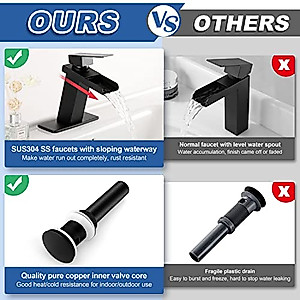 Matte Black Bathroom Faucet, Homikit Waterfall Bathroom Faucets for Sink 1 or 3 Holes, Modern Vanity Faucet with Single Handle Single Hole, Pop Up Drain, Deck Plate, 2 Water Supply Hoses