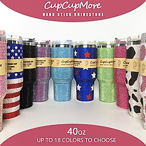 Cupcupmore 40oz Blue Cow Bling Rhinestone Stainless Steel Sippy Tumbler Glitter Vacuum Insulated Water Bottle with Straw & Lid & Handle,Thermos for Hot & Cold Drinks,Car Cup Holder