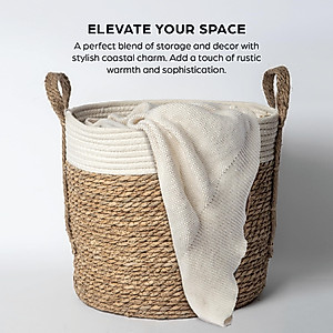 Porto Boutique Seagrass Basket w/Handles - Classic Coastal Charm, Exquisite Versatile & Stylish Natural Storage & Subtle Woven Décor Solution in Timeless Elegant Cream Hue - Home Essential (Large)