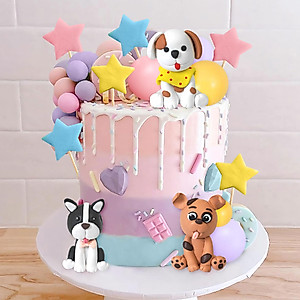 DRWATE Dog Cake Topper Clay Figurines Puppy Star Yellow Pink Purple Ball Cake Topper for Dog Theme Birthday Party Paw Cute Dog Pet Party Baby Shower Supplies (Style 01)