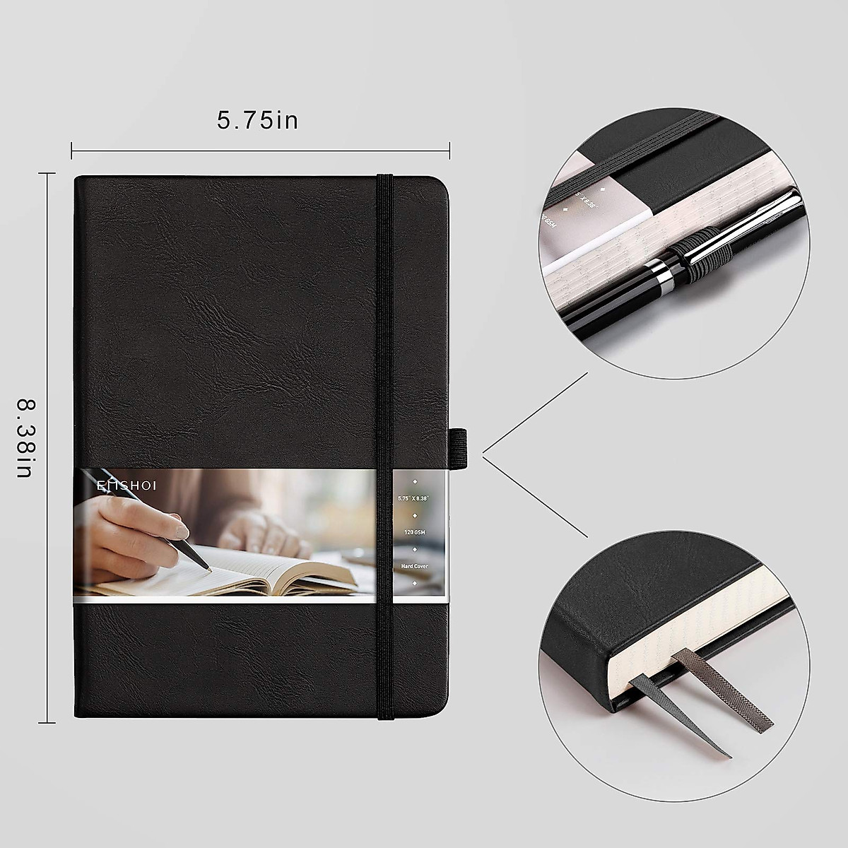 EMSHOI Graph Paper Notebook - 256 Pages A5 Graph Notebook/Journal, Hard Cover, 120gsm Thick Paper, Smooth PU Leather, Inner Pocket, 5.75'' × 8.38''-Black
