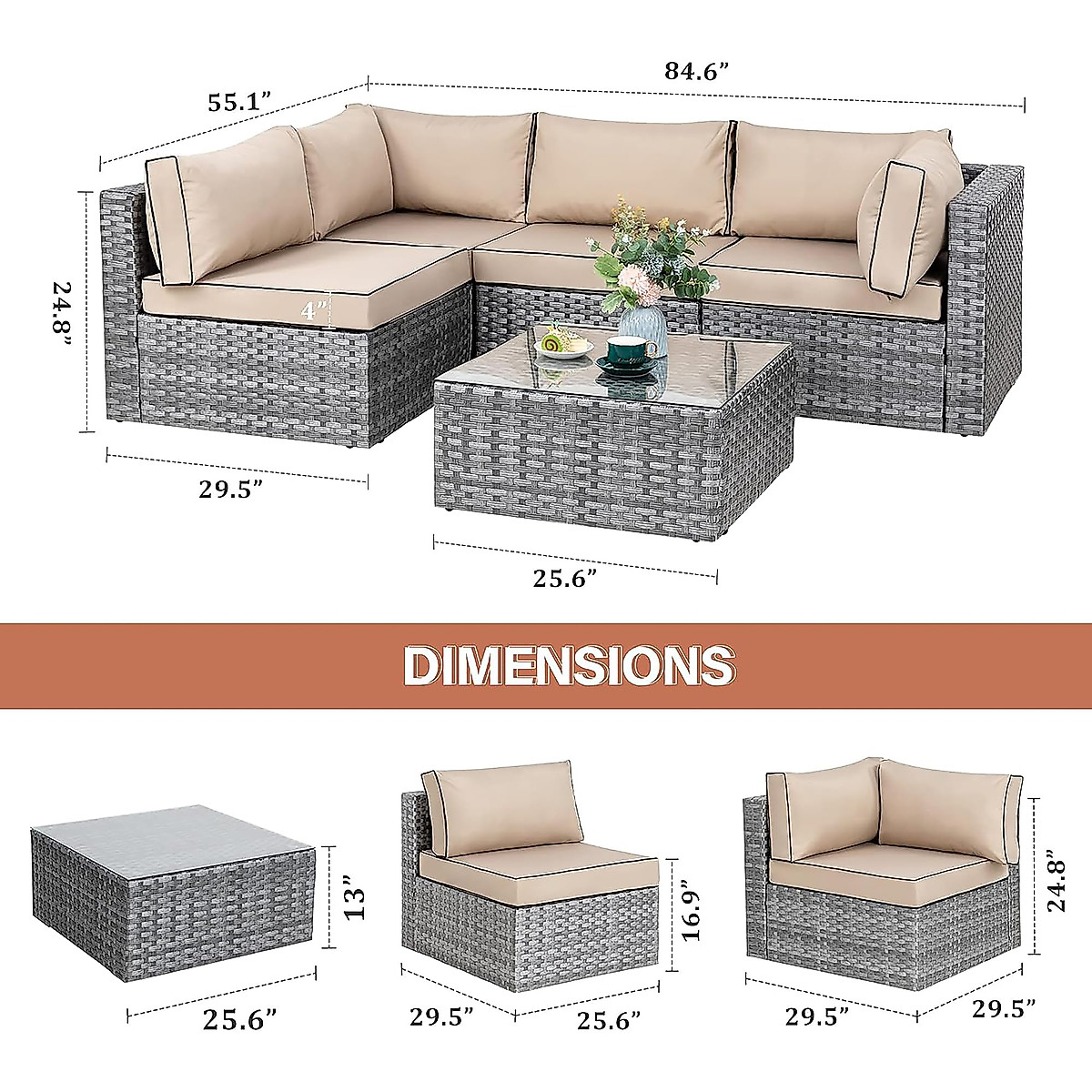 Walsunny Patio Furniture Set, 5 Pieces Outdoor Sectional Sofa Wicker Conversation Sets with Tea Table and Patio Couch Cushions(Khaki)