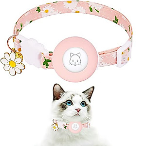 Airtag Cat Collar, JXFUKAL Kitten Collar Breakaway with Silicone Airtag Holder, Bells & Flower Charm for Girl Cats Boy Cats Small Dogs(Pink)