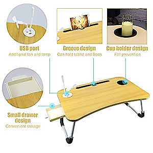 Laptop Stand for Bed with USB,Foldable Desk Bed Tray with USB Charge Port/Fan/LED Light Cup Holder/Storage Drawer, Bed Table Tray for Working, Watching Movie on Bed/Couch/Sofa/Floor by QPEY