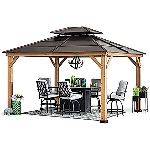 Sunjoy Hardtop Gazebo 11' X 13' Cedar Framed Wood Gazebo with Brown Double Steel Hardtop Roof Permanent Canopy for Garden, Backyard Shade