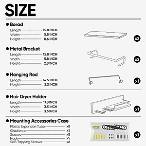 LYNNC 3 in 1 Rustic Floating Shelves, Decorative Storage Shelves with Towel Bar, Wall Mounted Shelves Holder for Bathroom, Kitchen & Bedroom - Set of 3 Shelves