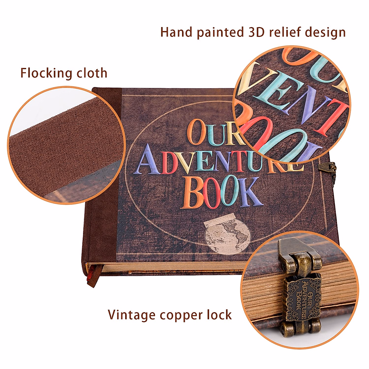 Our Adventure Book 146 Pages 8.9*7.7 Inch Scrapbook Photo Album,Retro Style Embossed Letter Cover Travel Diary Journal Scrap Book For Couples,Memory Book For Anniversary Wedding,Valentine's Day Gift