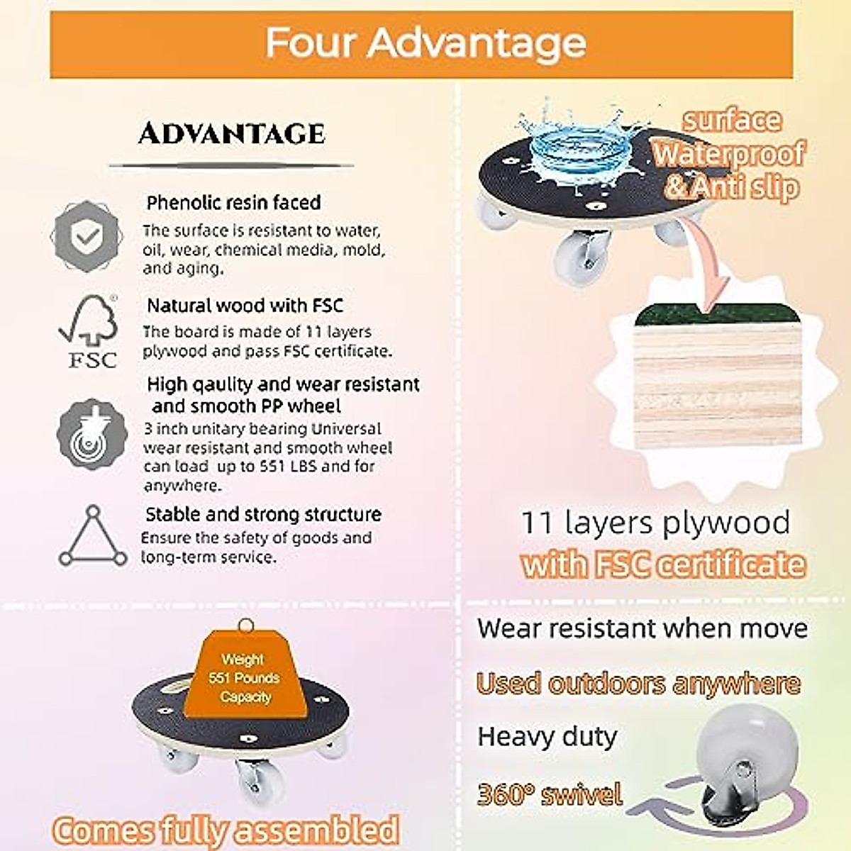 15-Inch Round Wood Platform Dolly with PP Smooth 3" Wheel, 551-lb Load Capacity Heavy Duty Wood Furniture Dolly, Multifunctional Movers Carrier,Plant Dolly, Two Pack