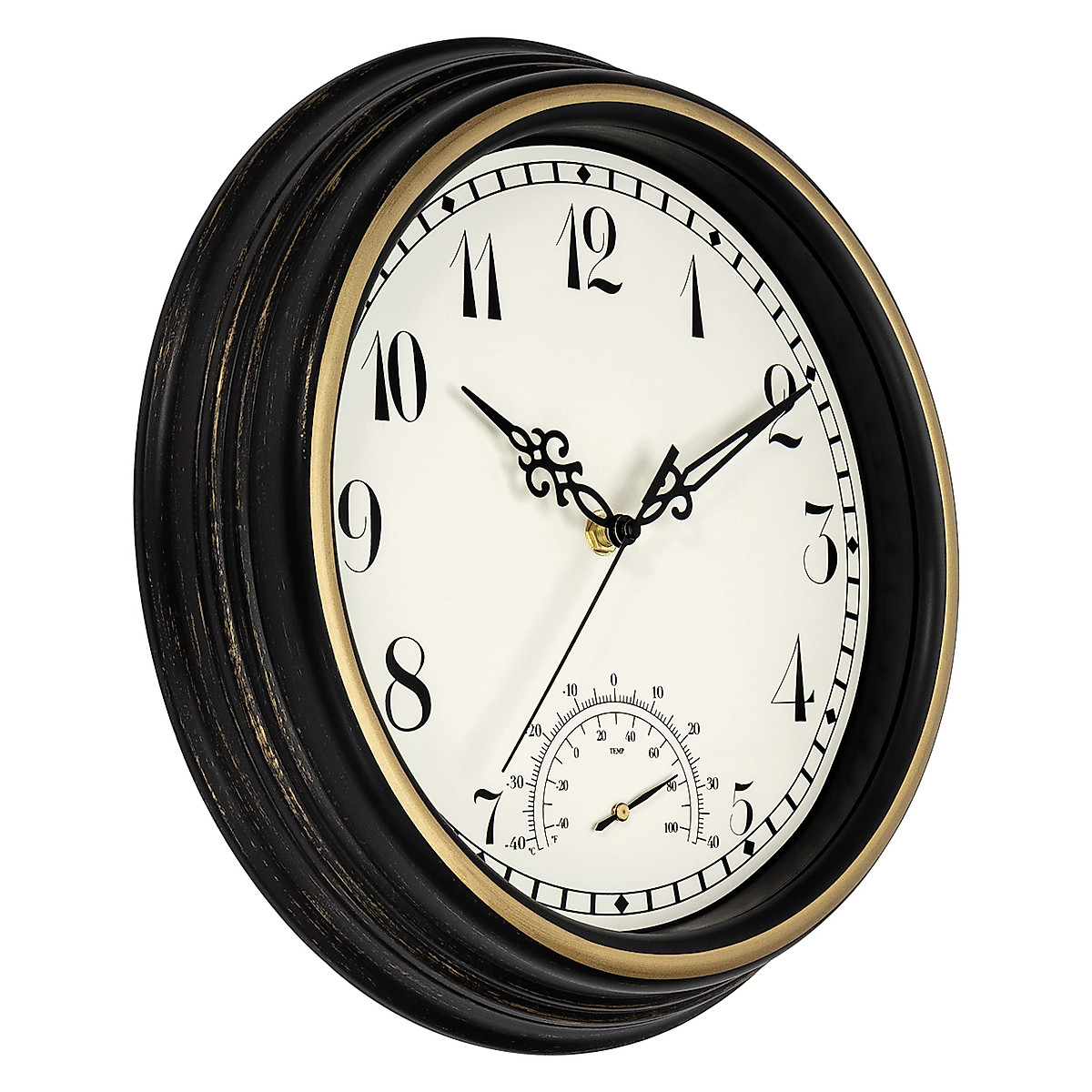 Lumuasky Indoor Outdoor Waterproof Wall Clock with Thermometer, Retro Silent Non-Ticking Battery Operated Round Clock for Garden Patio Yard Home (12 inch, Black Gold)