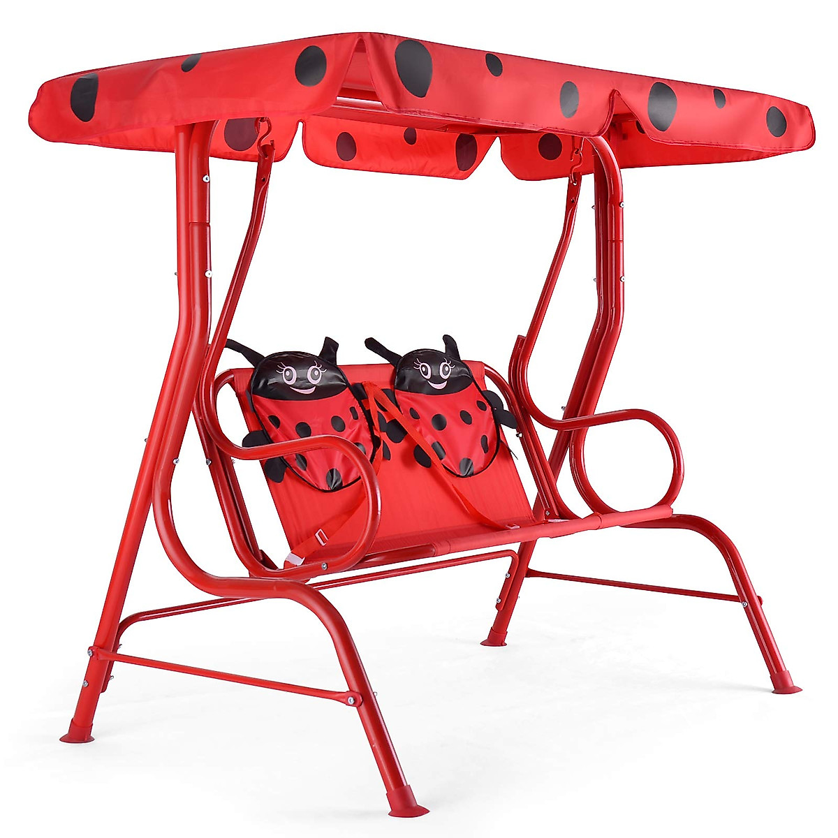 HONEY JOY Kids Patio Swing, 2-Seater Outdoor Porch Swing Lounge Chair W/Canopy & Safety Belt, All Weather Resistant Waterproof Hanging Swing Bench for Patio Garden Poolside Balcony(Red Beetle)