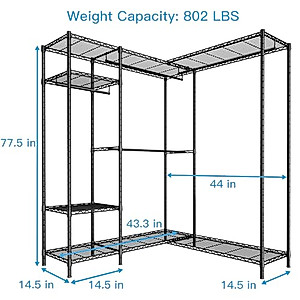 Ulif L2 Heavy Duty L-Shaped Garment Rack, 5-Tier Freestanding Clothes Rack with Shelves, Closet Organizer Storage System for Corner and Small Bedroom, 44"W x 43.3"L x 77.6"H, Max Load 802 LBS, Black