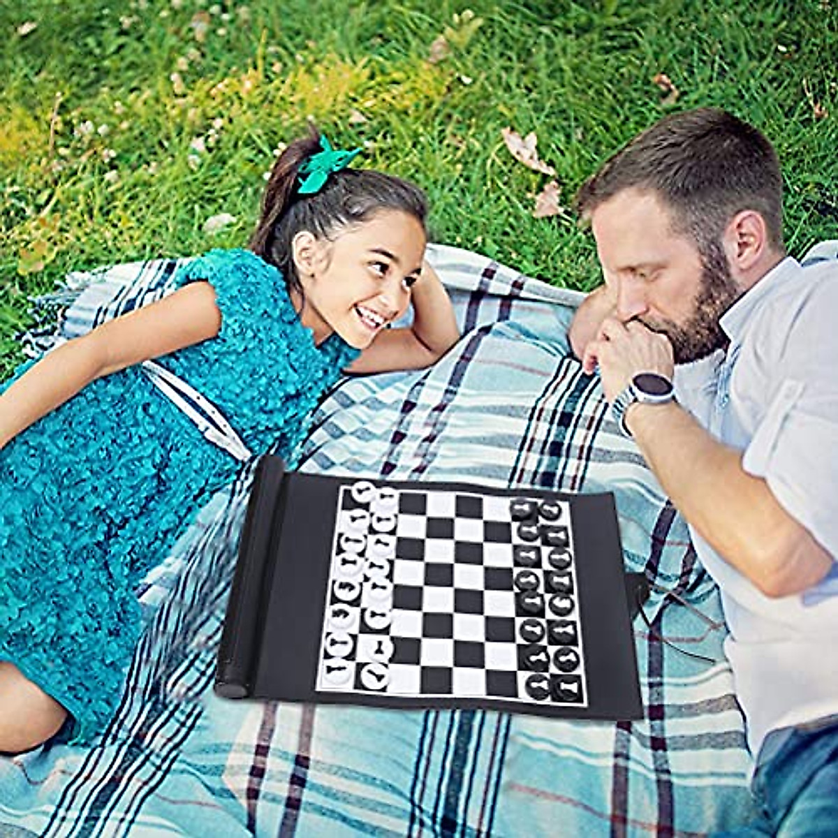 Travel Traditional Chessboard, PU Leather Roll-Up Chess Game Set Portable International Chess Game with Chess Storage Bag for Tournament Club