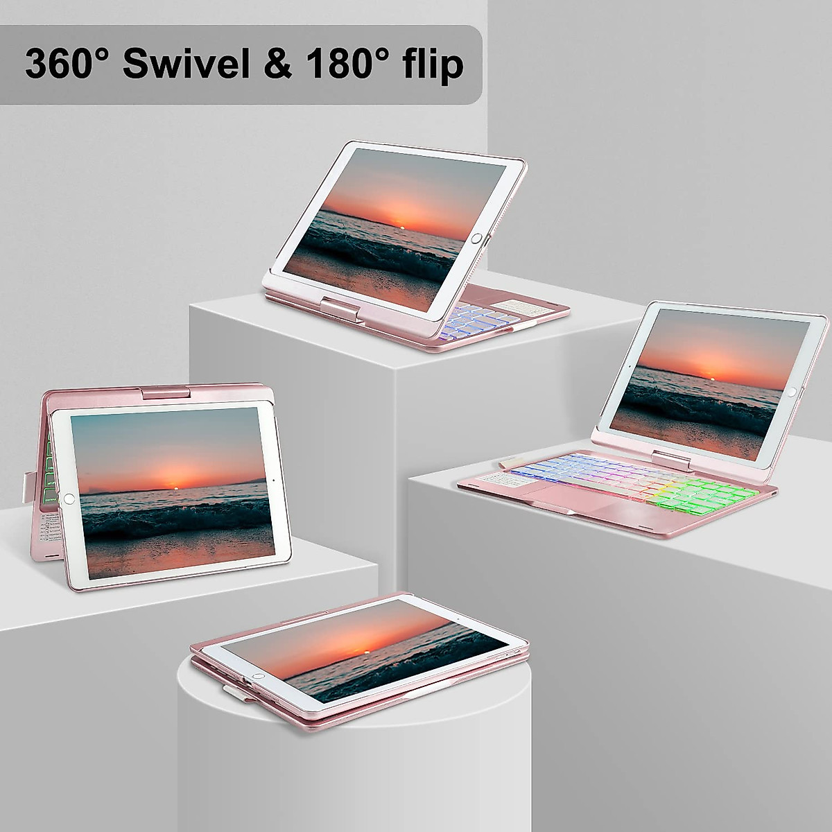 ONHI 360 Rotatable 7 Colors Back-lit Wireless Keyboard Case for New 10.2" iPad 9 th Gen,iPad 8th &7th Gen, Air 3, Pro 10.5(Rose Gold)
