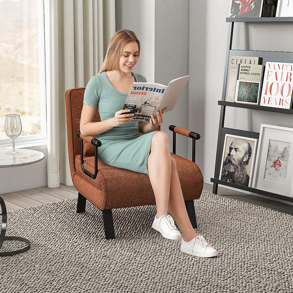 POWERSTONE Convertible Sleeper Chair Bed, 4 in 1 Living Room Reading Chair with Pillow, Arm and Adjustable 5 Position Backrest Single Sofa Bed, Coffee