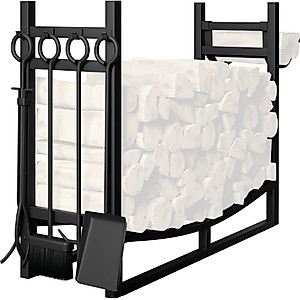 Amagabeli Large Firewood Rack With Fireplace Tools Set 33.5 Inch Wood Rack Wrought Iron Indoor Outdoor Kindling Log Holder Heavy Duty Wide Wood Storage Log Rack Accessories Shovel Poker Tongs Broom