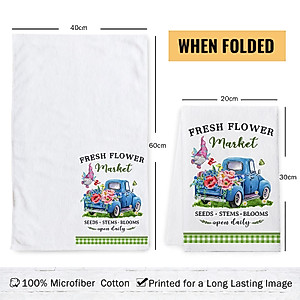 Spring Kitchen Towels, Hello Spring Blue Truck Gnomes Dish Towels Set of 4, Flowers Vase Blossoms Bike Home Sweet Home Seasonal Tea Hand Towels Dishcloths Housewarming Gifts for Home Decorations