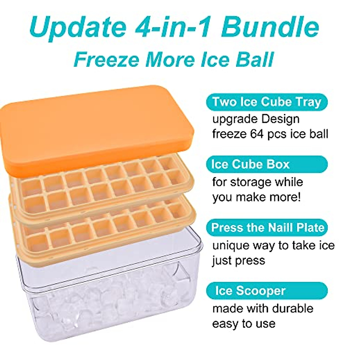 Burfocus Ice Cube Tray with Lid and Bin, Ice Trays Ice Maker for Freezer with Container Silicone Ice Cube Tray Mold Easy Release BPA Free Large Ice Cube Maker for Whiskey,Cocktail