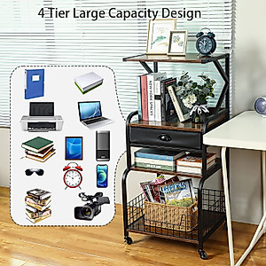 Zuyachuza 4 Tier Mobile Printer Stand with Drawer, 4-Shelf Printer Table with Wheels and Storage, Printer Cart with Storage Shelves for Home Office
