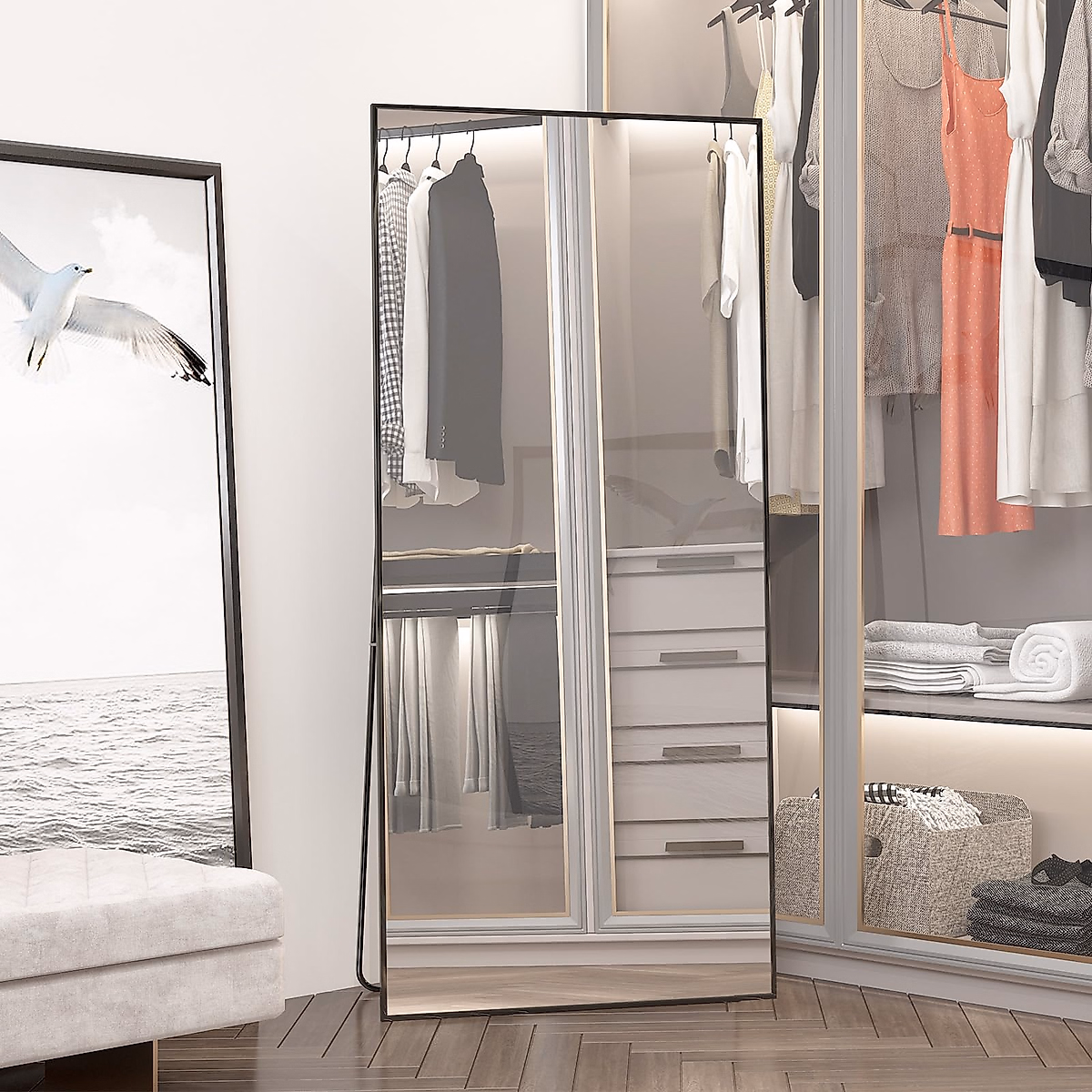 CASSILANDO Full-Length Mirror 65“ × 24 ", Floor Standing, Unique Vertical, Black Metal Frame Mirror, Over The Wall Hanging for Living Room Bedroom Entrance Bathroom