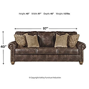 Signature Design by Ashley Nicorvo Traditional Faux Leather Sofa with Gold Nailhead Trim, Brown