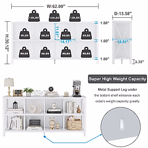 FATORRI 8 Cube Storage Organizer Bookshelf, Rustic Wood Cubby Bookcase, Industrial Horizontal Long Shelf for Living Room (White Oak, 62 Inch)