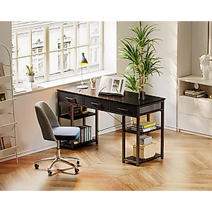 ODK Office Small Computer Desk: Home Table with Fabric Drawers & Storage Shelves, Modern Writing Desk, Black, 48"x16"