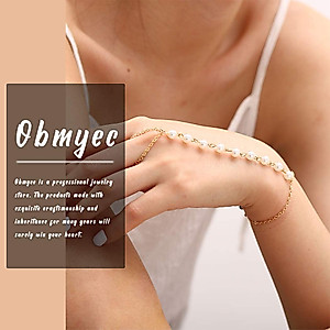 Obmyec Boho Pearl Finger Bracelets Gold Pearl Ring Hand Chain Wedding Beaded Slave Hand Harness Bracelets Bridal Hand Jewelry for Women