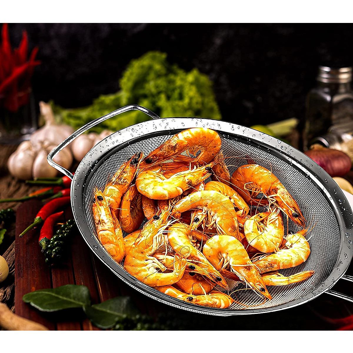 Kafoor 10" Large Fine Mesh Strainer with Thermo Plastic Rubber Handle - Sieve Fine Mesh Stainless Steel - Ideal to Strain Pasta, Quinoa and Rice (10" Black)