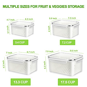 TBMax Fruit Vegetable Storage Containers for Fridge - 4 Pack Large Produce Saver Containers Refrigerator Organizer Bins, Plastic Produce Keepers with Lid & Colander for Salad Berry Lettuce Storage