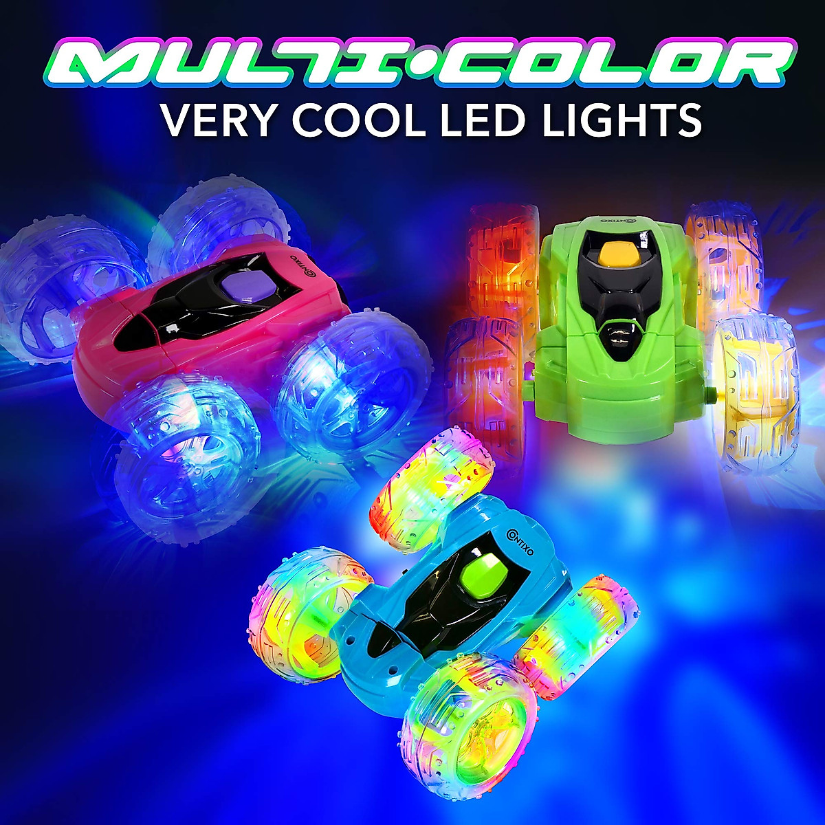 Contixo RC Stunt Car 4WD 2.4Ghz - Double Sided 360° Rotating Remote Control Toy with Lights, for Boys & Girls Age 4-12 Blue