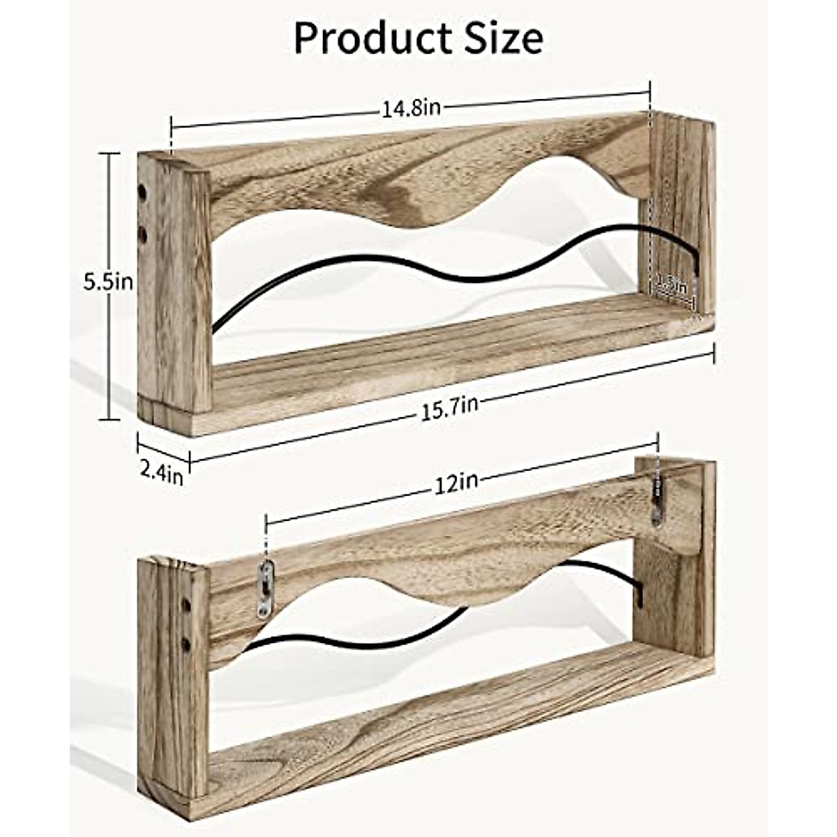 Sapowerntus Wood Book Shelves Wall Mounted, Rustic Nursery Magazine Holder Organizer Vinyl Record Rack with Curve Rail Wave Design, Wall Bookshelf Home Room Office Decor, Set of 2