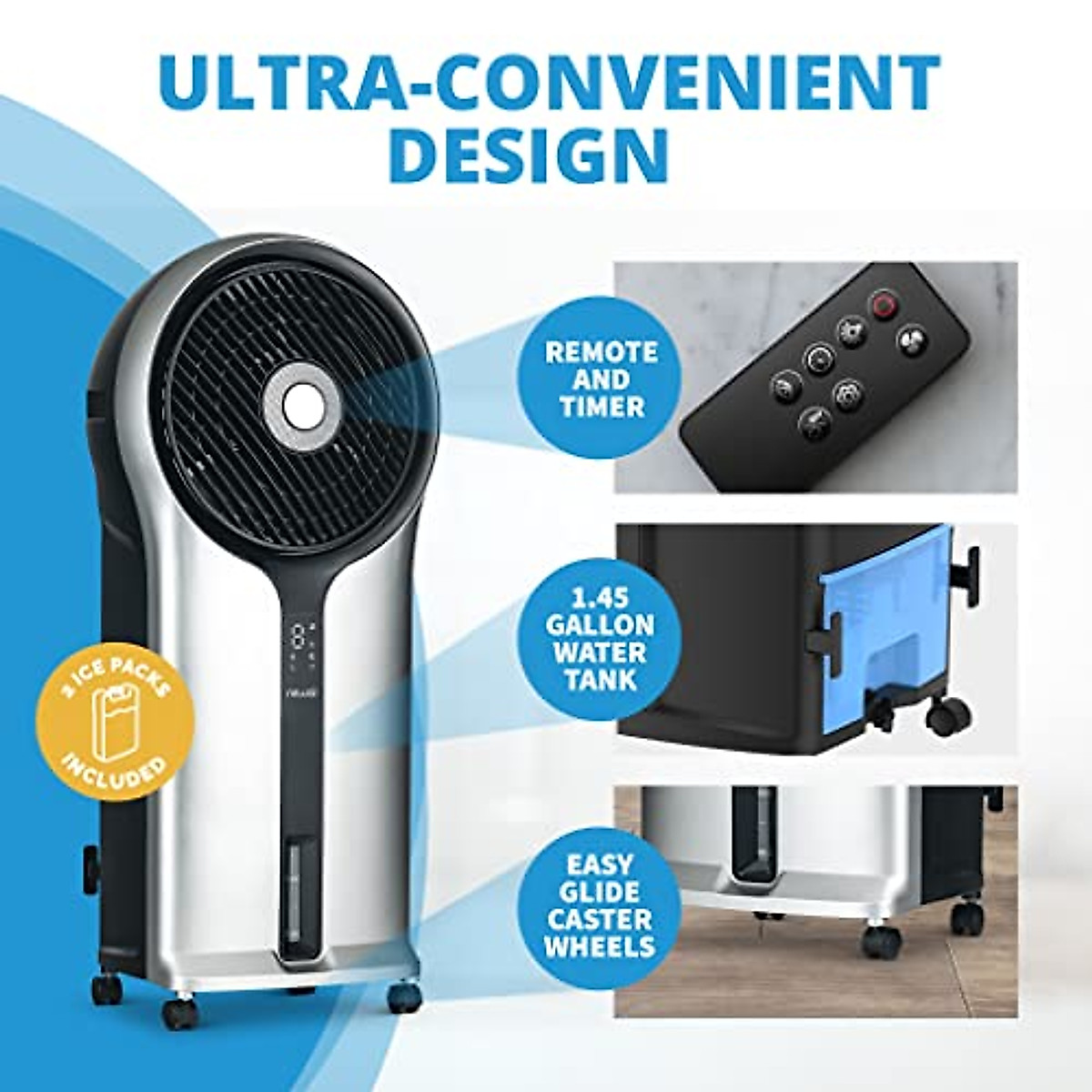 Newair Evaporative Cooler 470 CFM250 sq. ft. Freestanding Home Air Cooler 3 Fan Speeds 1.45 Gallon Water Tank, Silver Easy Glide Wheels Remote Control Included